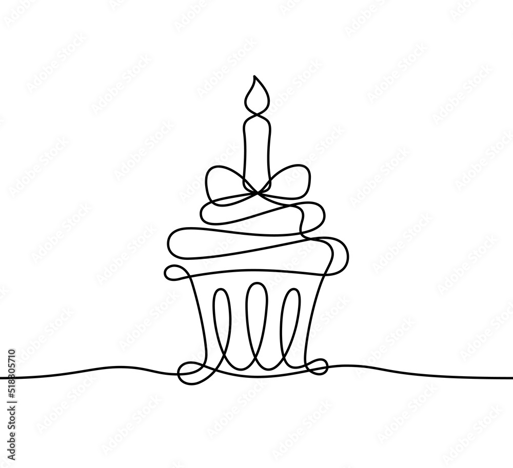 Continuous line drawing of birthday cake with candle. Christmas or ...