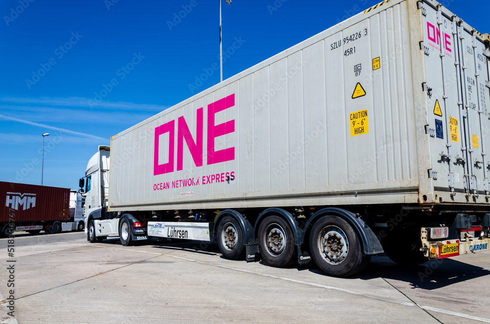 Seevetal, Germany - May 09, 2022: ONE cargo container transportation on ...