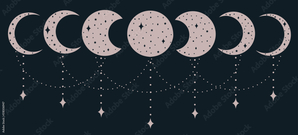 Pink moon with stars on blue background. Magical vector art Stock ...