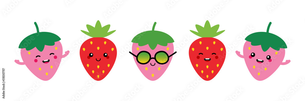 Variety of cute and smiling cartoon style strawberry characters for ...