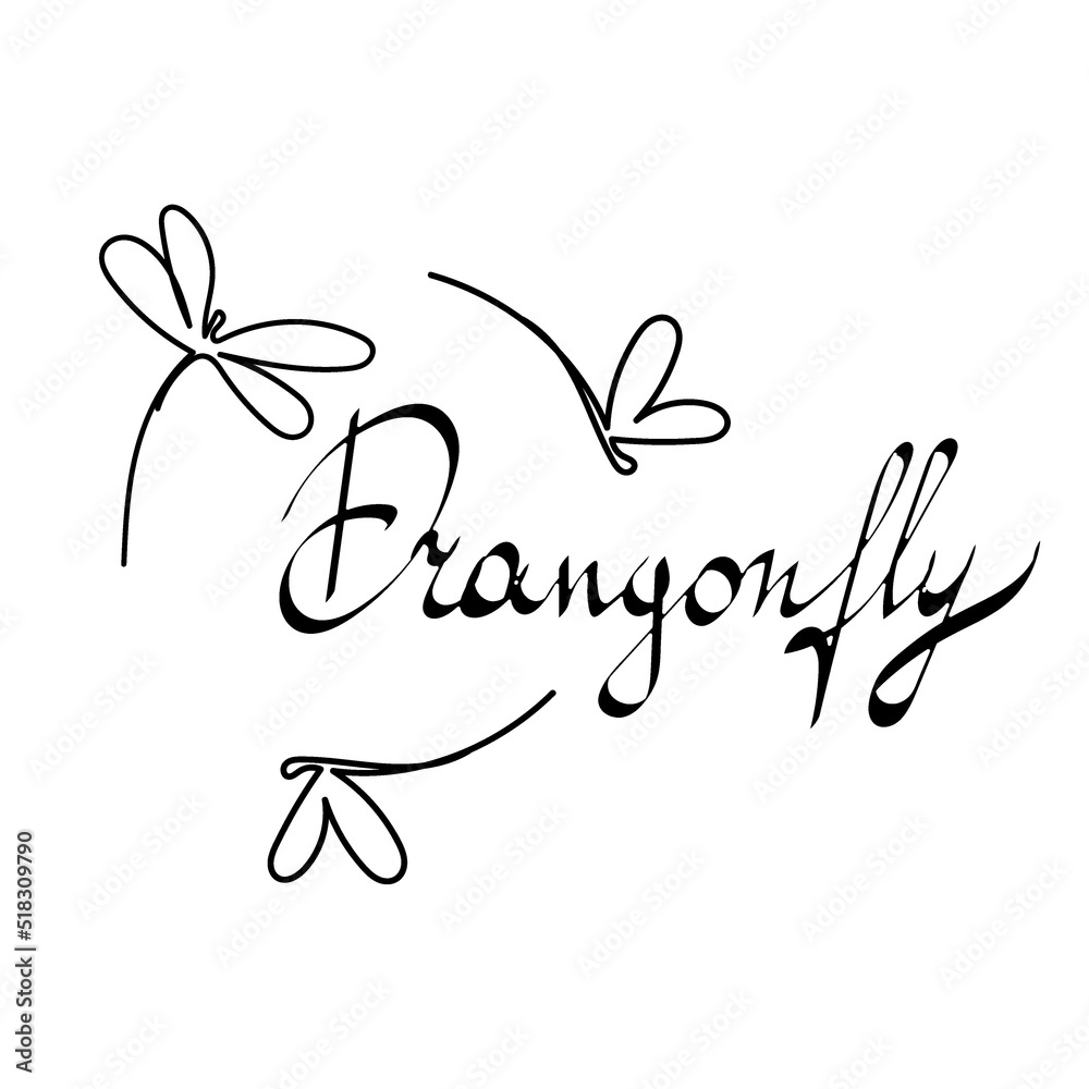 Stylized dragonflies, hand-drawn doodle. Logo. Hand-drawn inscription ...
