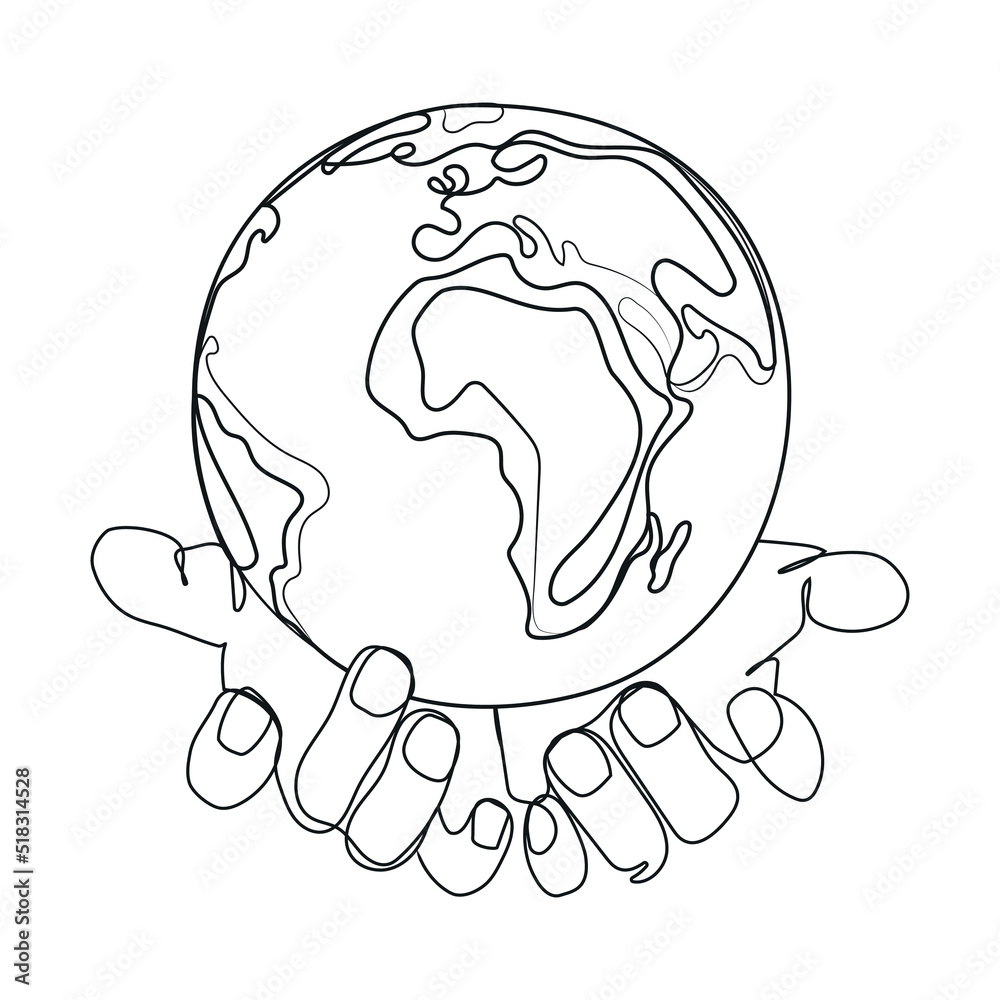 Hands holding Earth globe line drawing.Vector illustration isolated on ...