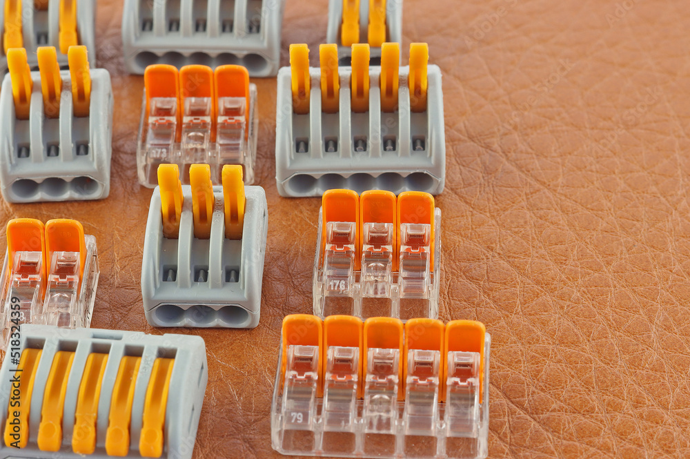 Connectors for quick connection of copper wires. On nature skin, close ...