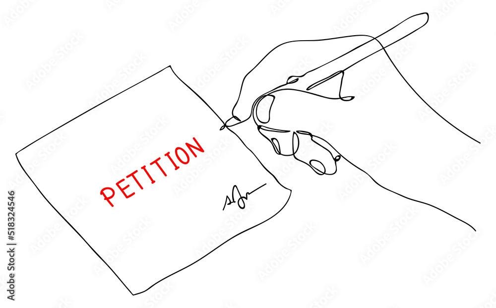 Petition. Continuous One Line drawing of hands writing message on paper ...