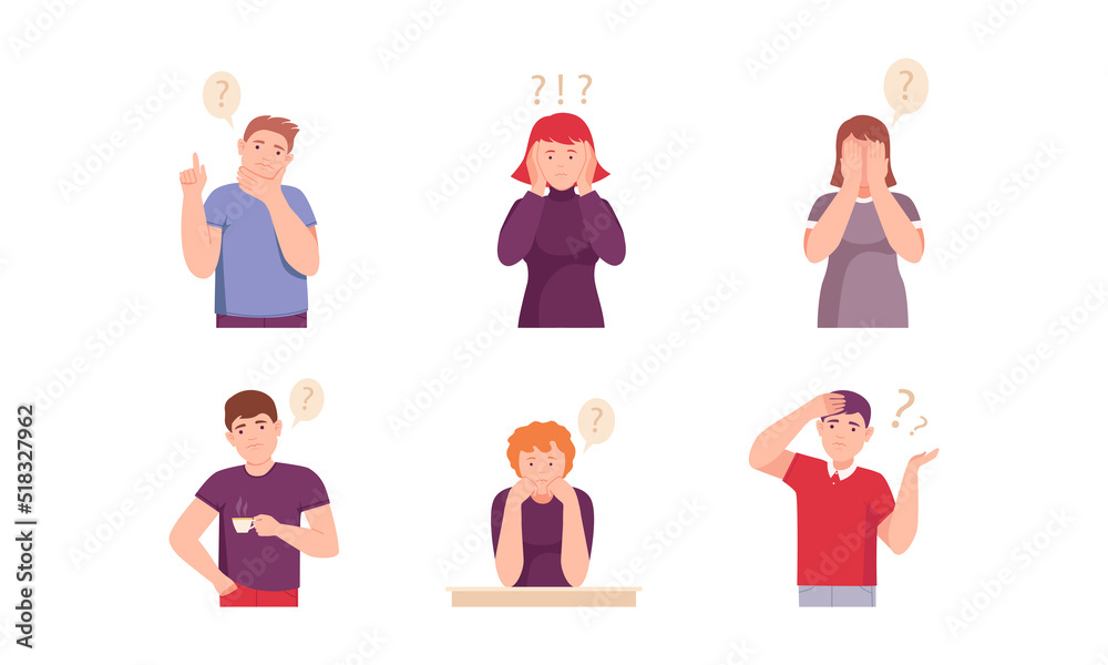 Young men and women thinking with question marks over their heads set ...