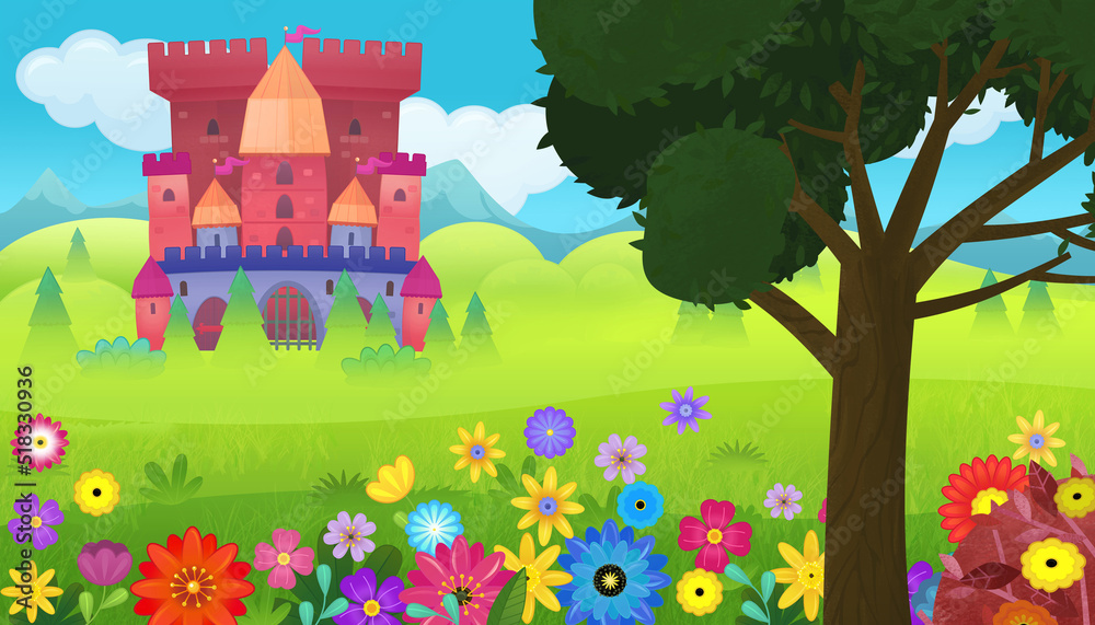 Cartoon scene beautiful castle in the forest illustration Stock ...