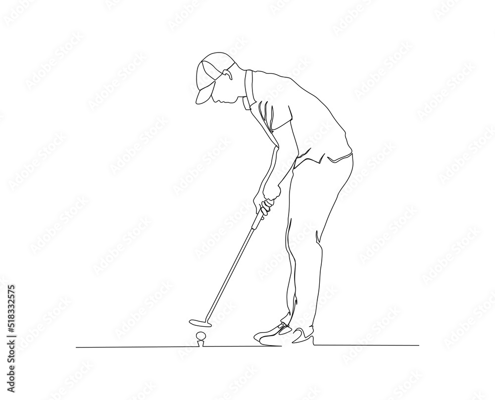 Continuous line drawing of man playing golf. Single one line art ...
