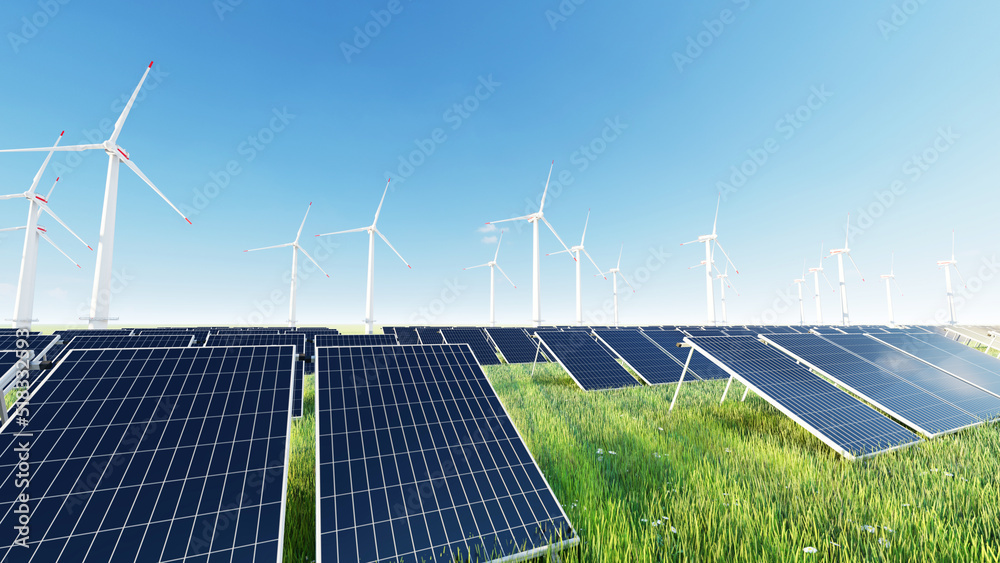 High resolution, Solar power plant and windmills. Renewable energy ...