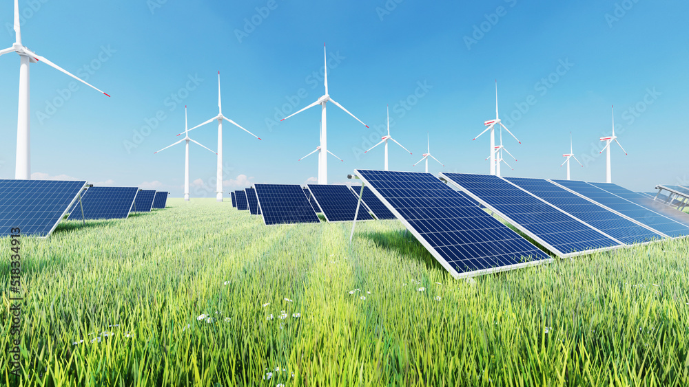 3840x2160. with solar panel cells and spinning wind turbines on the eco ...