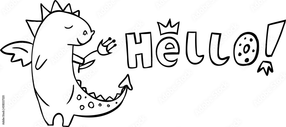 Doodle cute dragon and Lettering Hello! isolated on white. Vector ...
