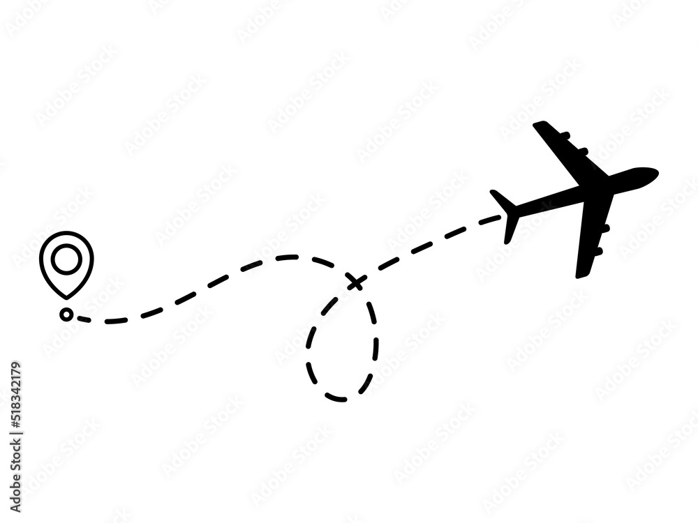 Airplane line dotted path. Plane flight route with start point and ...