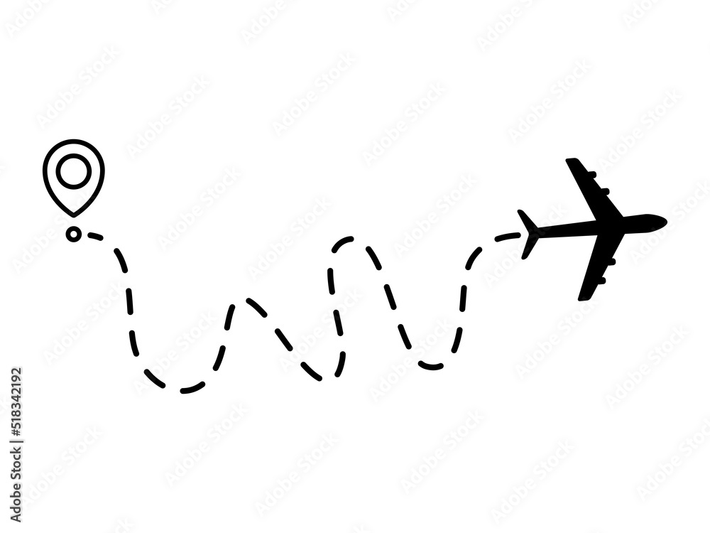 Airplane line dotted path. Plane flight route with start point and ...