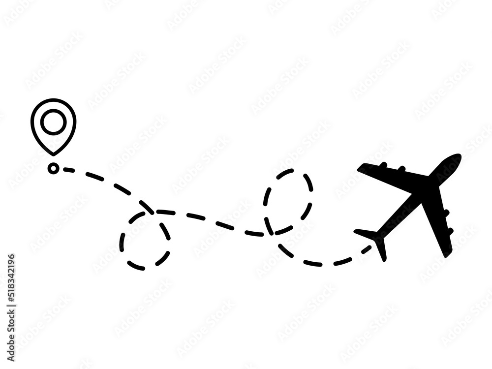Airplane line dotted path. Plane flight route with start point and ...