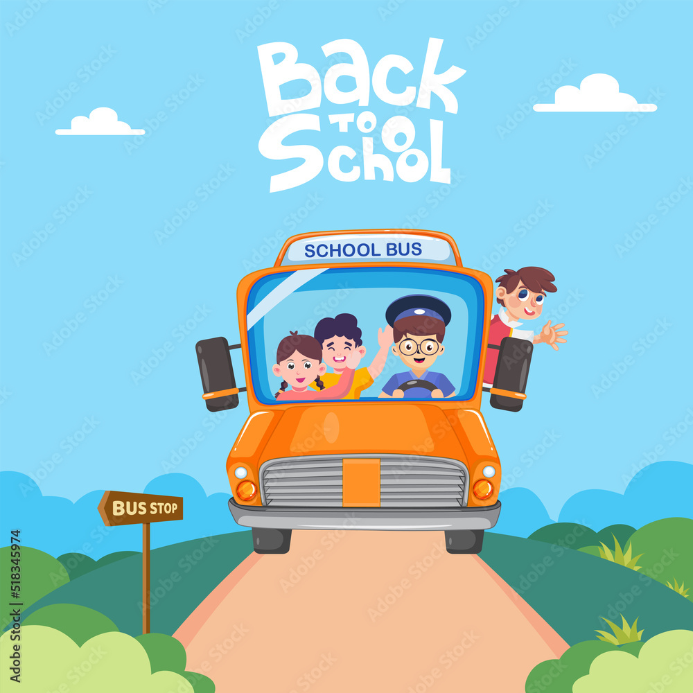 Back to school concept. Happy children will go to school by school bus ...
