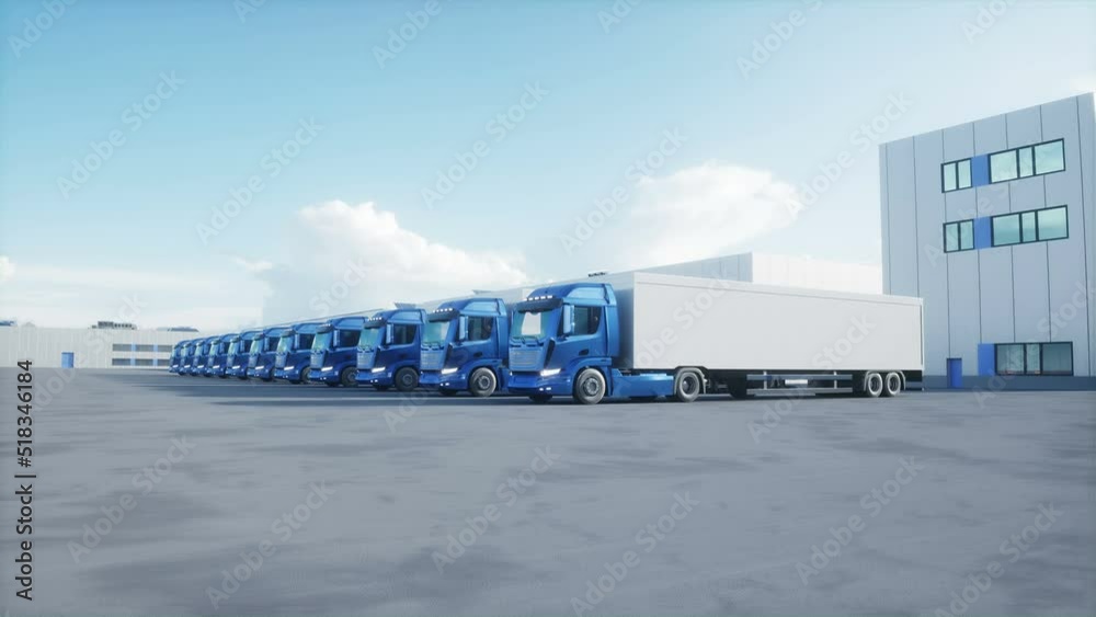 Generic 3d model of cargo trucks on warehouse parking. Logistic center ...