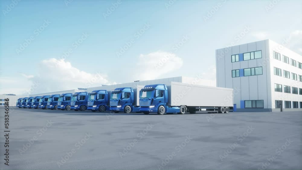 Generic 3d model of cargo trucks on warehouse parking. Logistic center ...