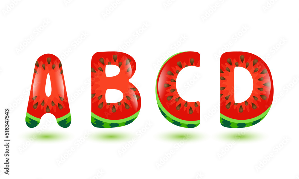 Alphabet. Letters A, B, C, D. Watermelon abc. Cartoon fruit alphabet ...