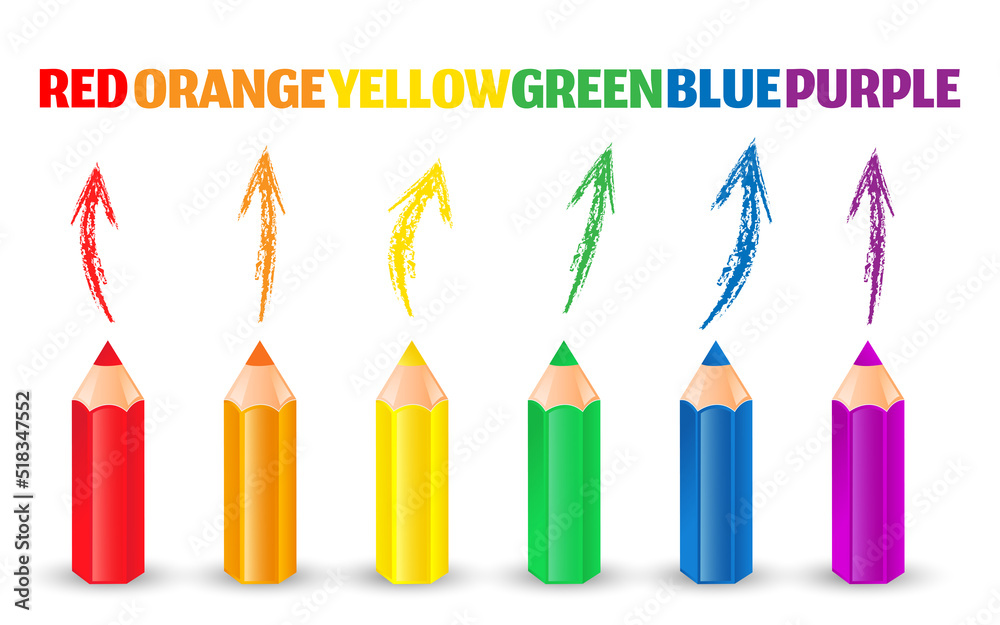Set of vector colored pencils with arrows and color names on white ...