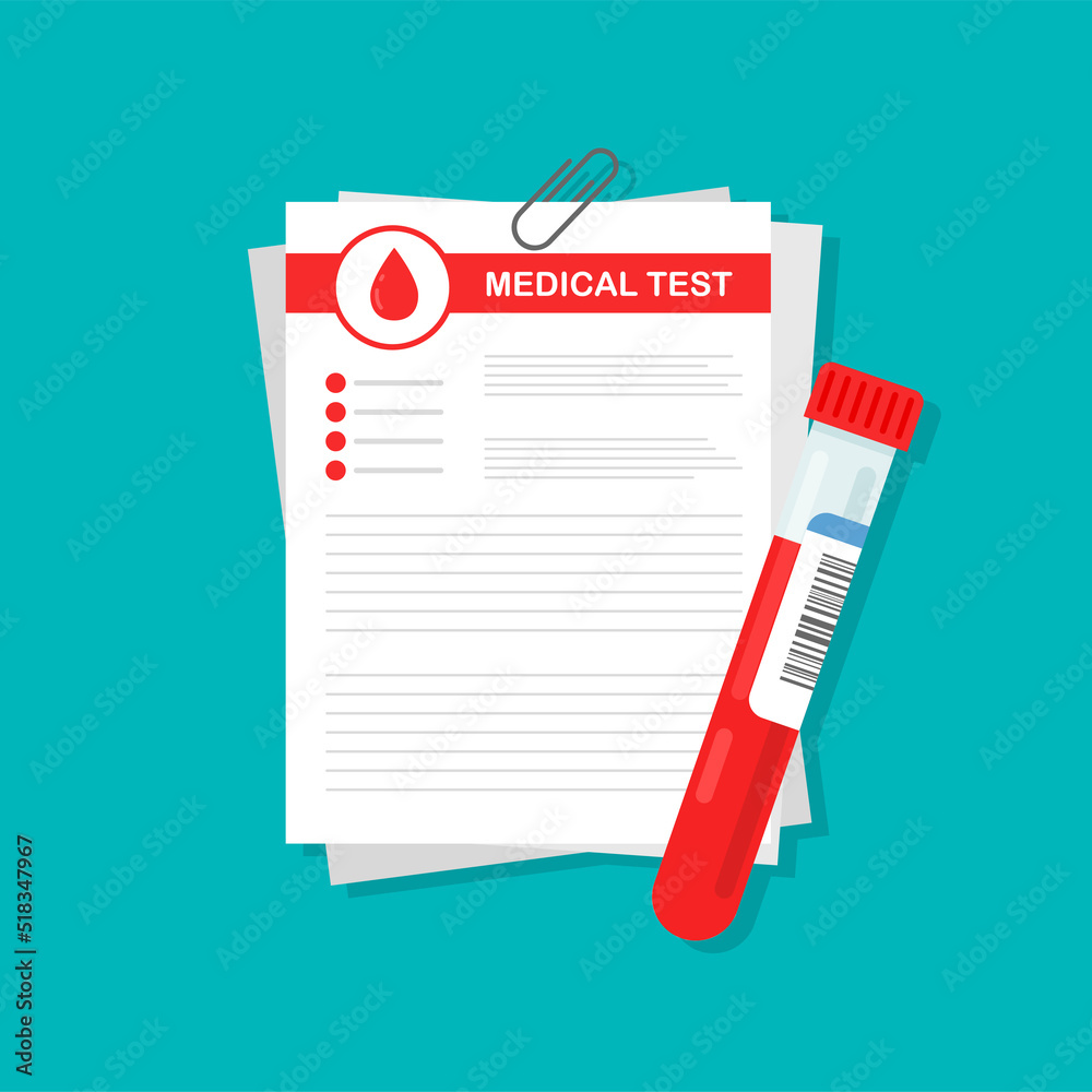 Blood test tube and results data. Medical and chemical lab analysis ...
