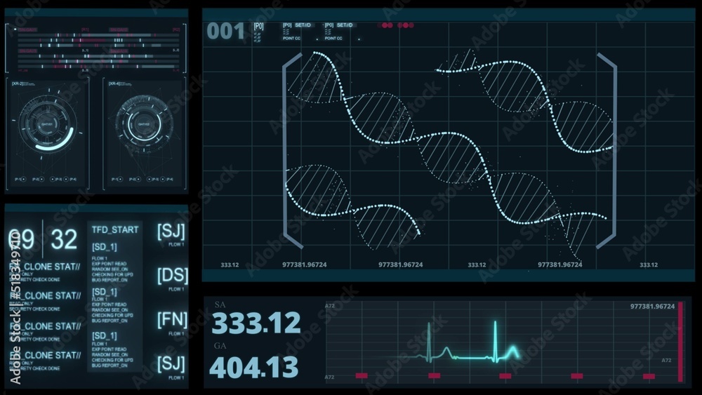 Detailed digital interface of futuristic DNA analysis process. Human ...