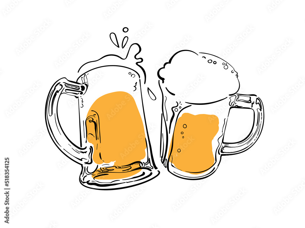 Sketch of two toasting beer mugs. Cheers. Clinking glass tankards. Hand ...