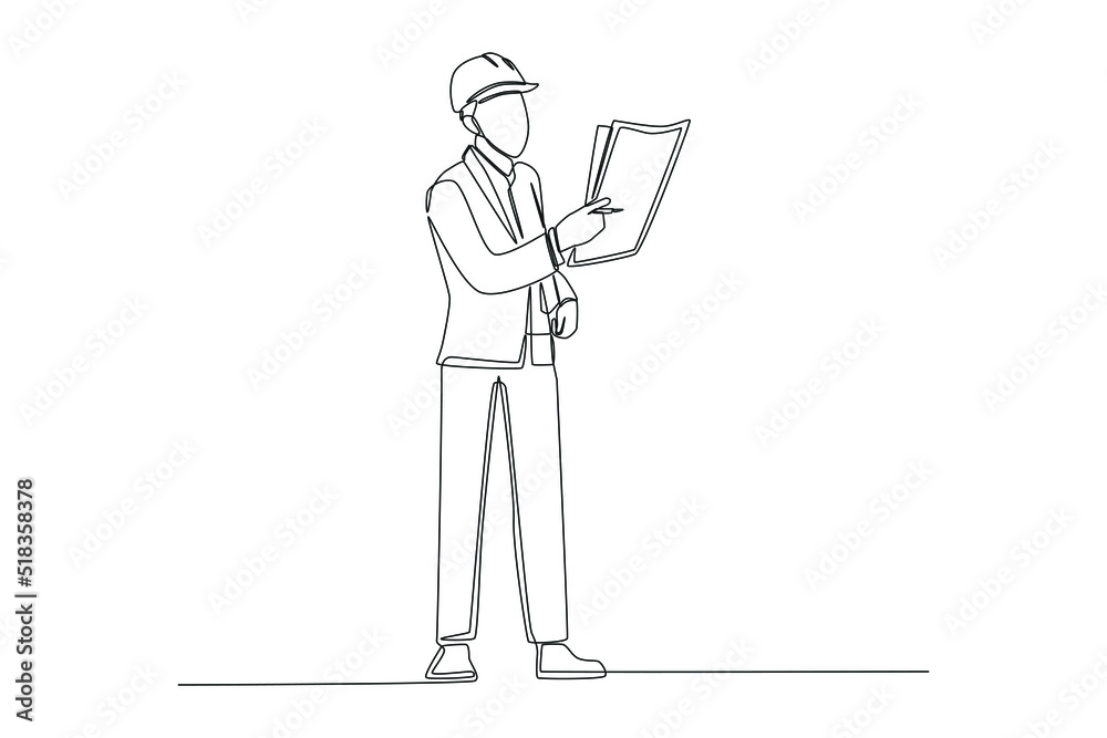Continuous one line drawing engineers with hard hat holding and reading ...