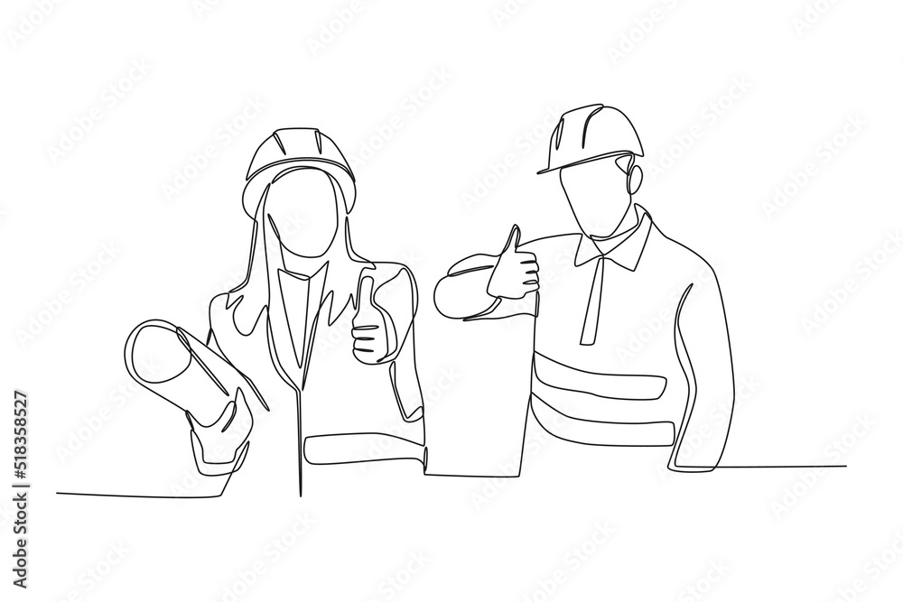 Continuous one line drawing male and female construction worker with ...