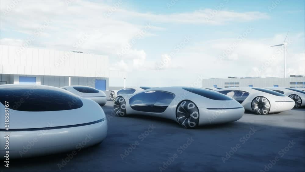 Futuristic electrick cars on warehouse parking. Logistic center. Green ...