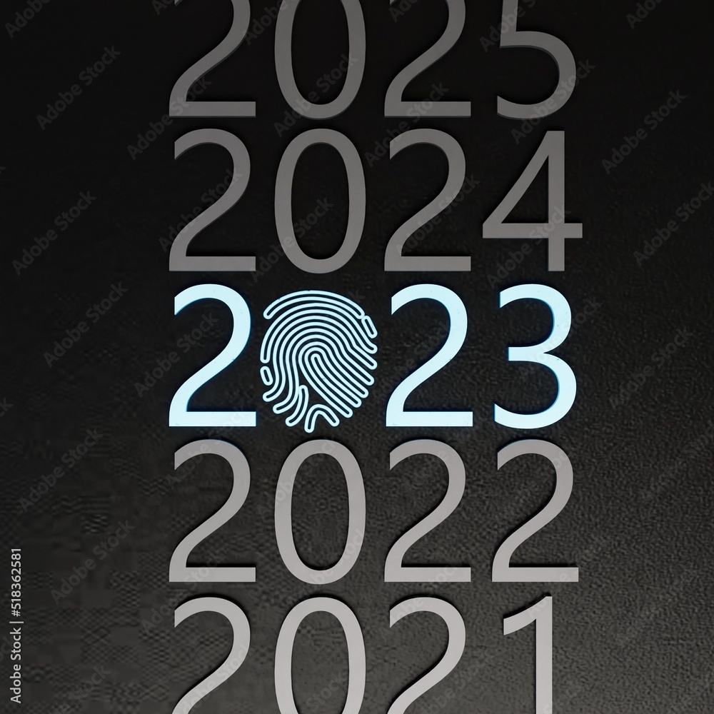 Time turner with the number 2023 and a fingerprint illuminated in blue ...
