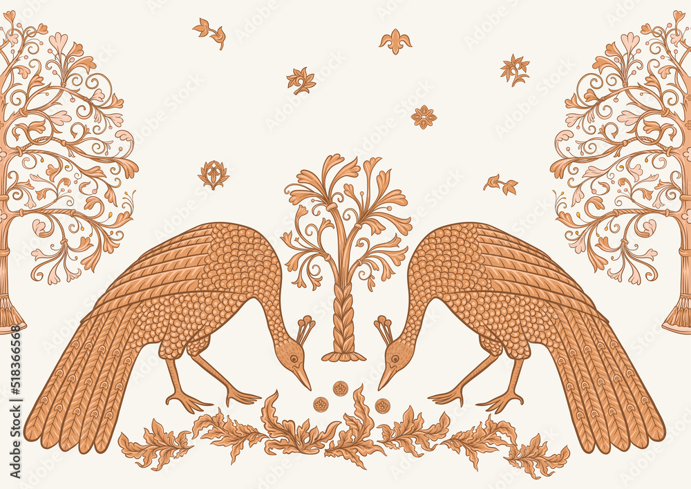 Byzantine traditional historical motifs of animals, birds, flowers and ...