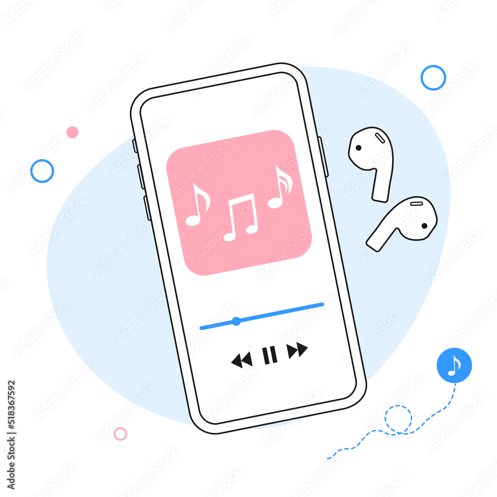Music player interface with buttoms, loading bar, sound wave sign with headphones. Vector flat ...