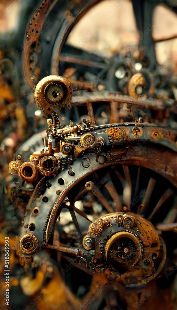 Metal steampunk mechanism of clockwork gears and springs. The concept of the old rusty mechanism ...