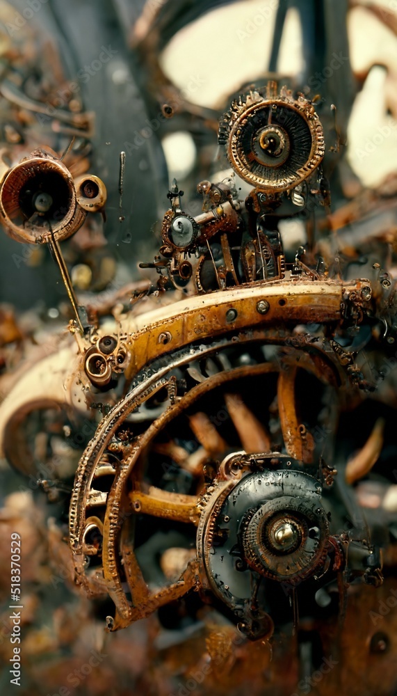 Metal steampunk mechanism of clockwork gears and springs. The concept of the old rusty mechanism ...