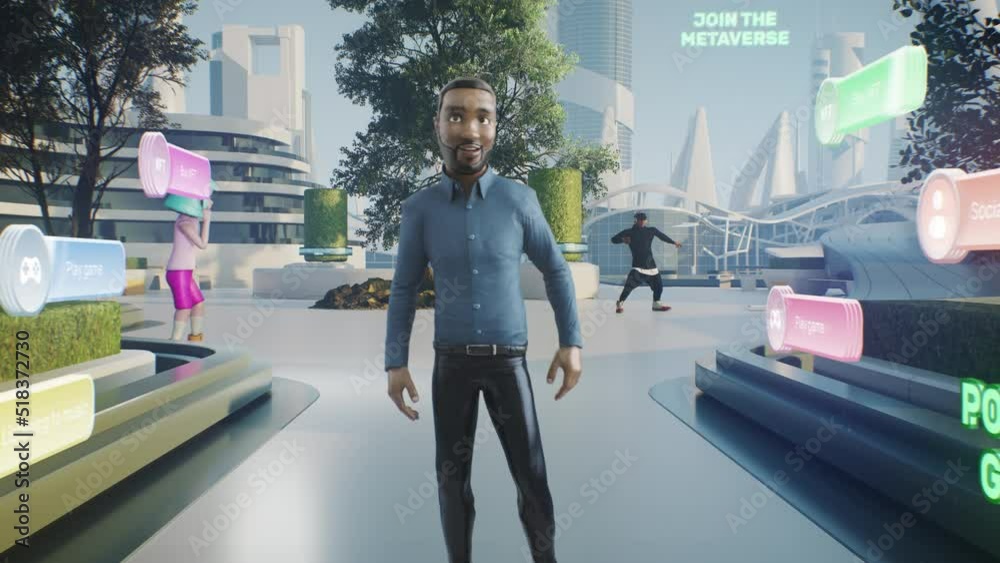 Avatar of person in the virtual city of metaverse, with the selection ...