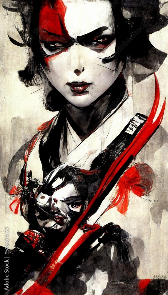 Japanese samurai girl depicted in red and black colors in the old style ...