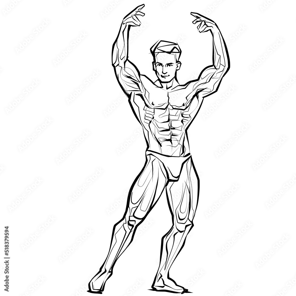 Fitness men pose by showing his athletic body. Hand Drawing ...