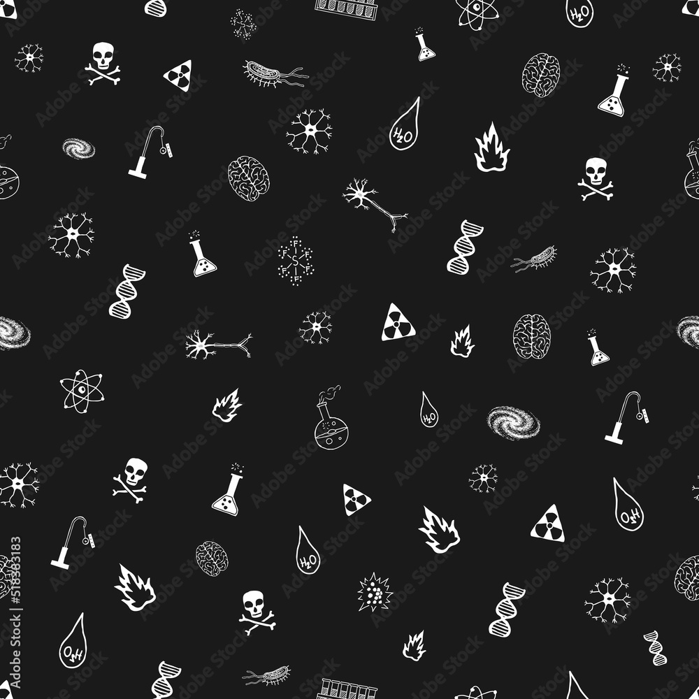 Vector seamless pattern with science symbols? black background with ...