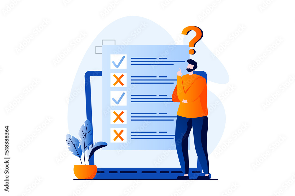 Online survey concept with people scene in flat cartoon design. Man ...