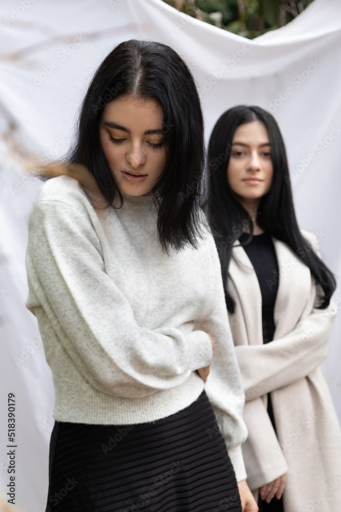 Attractive twin sisters in black and white minimal aesthetic Stock ...