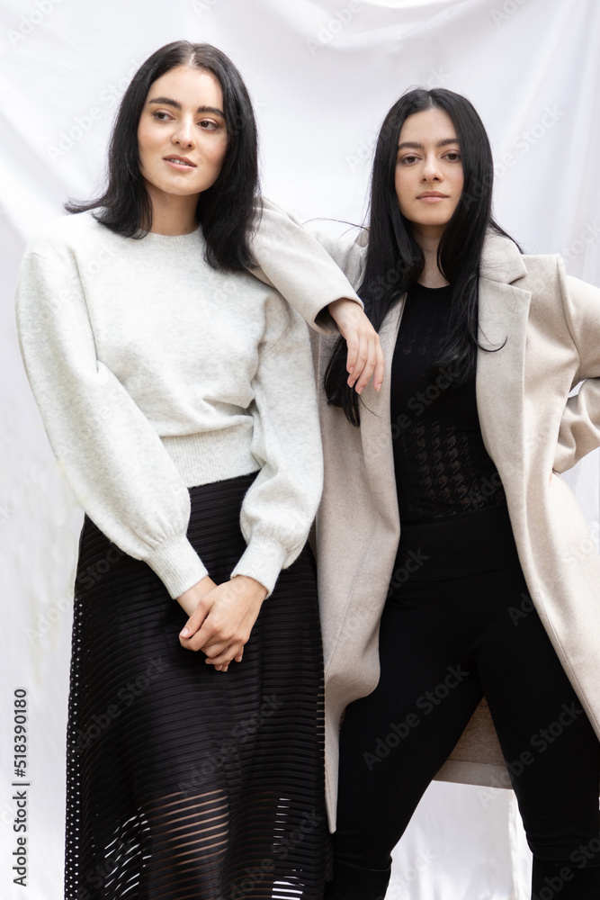 Attractive twin sisters in black and white minimal aesthetic Stock ...