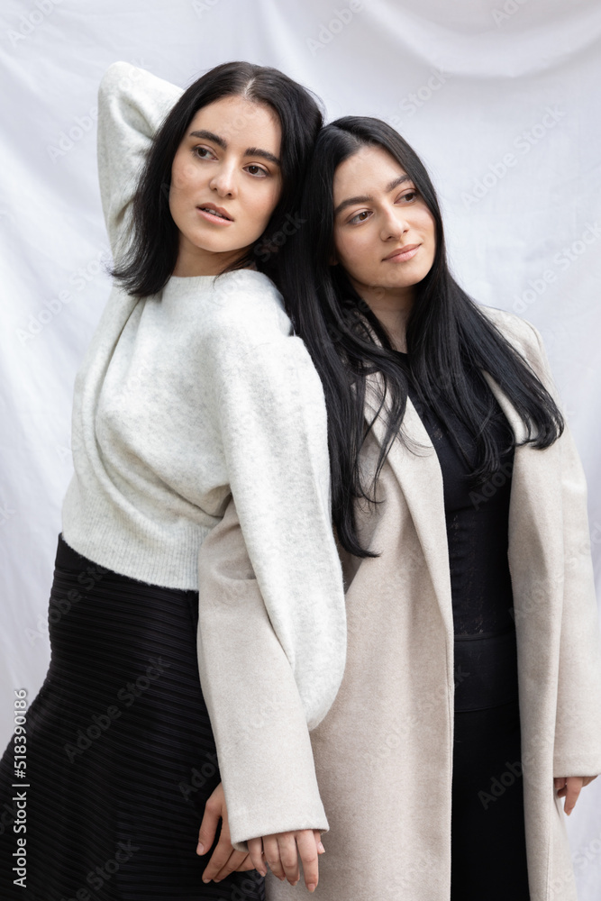 Attractive twin sisters in black and white minimal aesthetic Stock ...