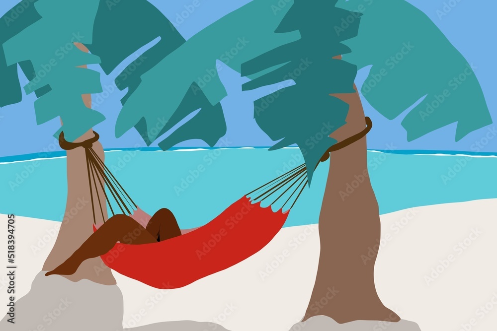 Frau liegt in roter Hängematte am Strand mit Plamen, sichtbar sind ihre ...