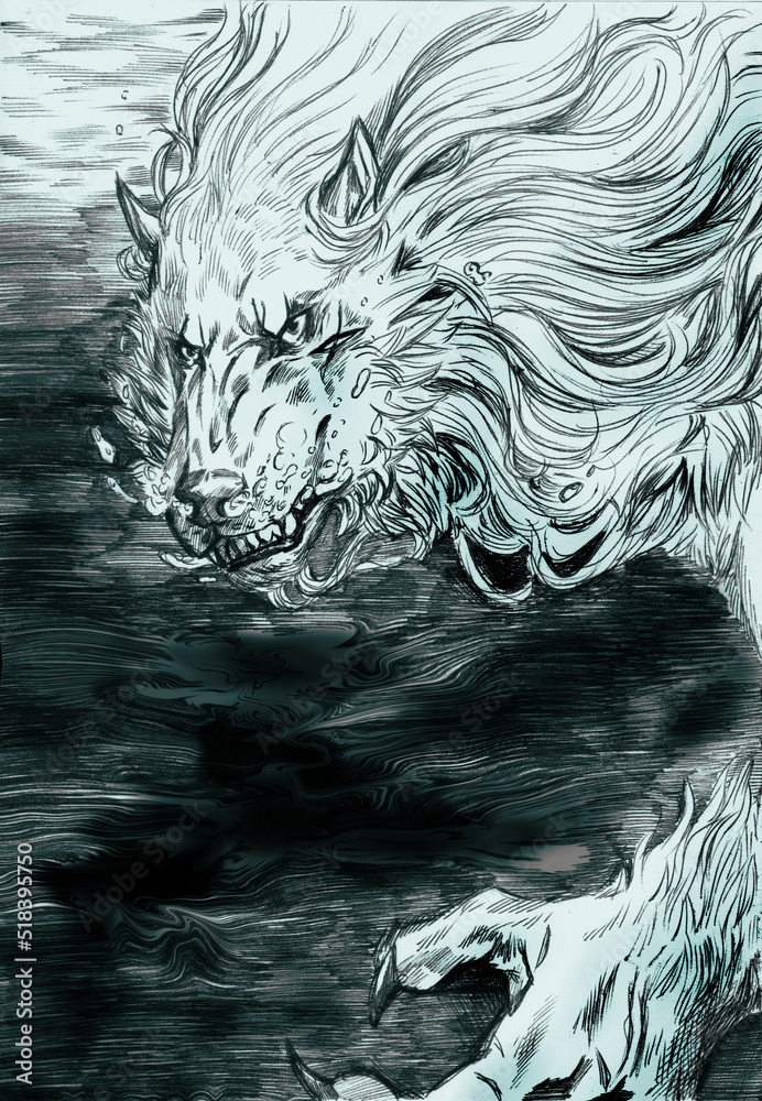 Illustration of a werewolf underwater, with bubbles coming from their ...