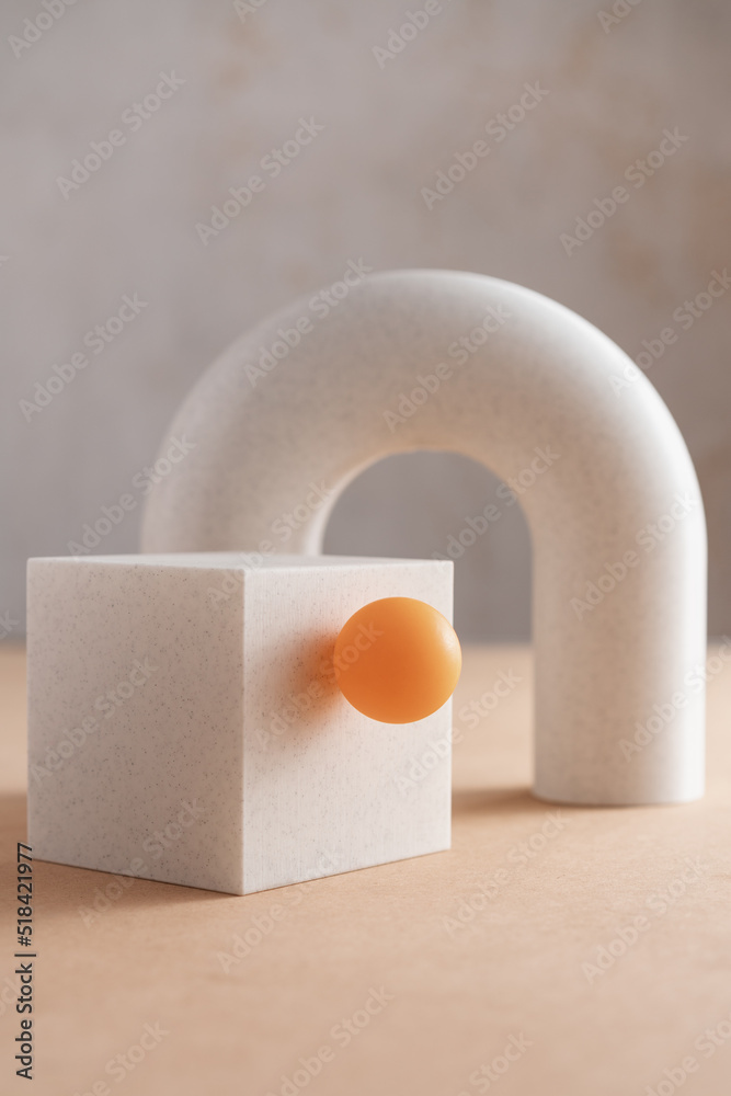 3D Printed White Cube With Arc And Small Orange Ball Stock Photo ...