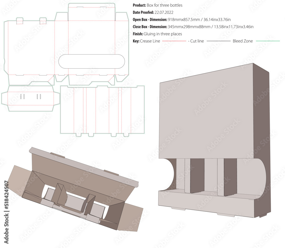 Box for three bottles packaging design template gluing in three places ...