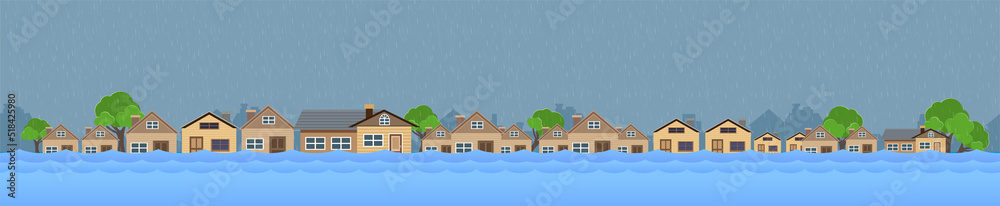 Flood natural disaster with house, heavy rain and storm , damage with ...