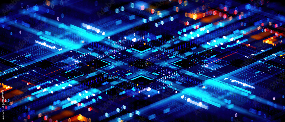 3D rendering of cyberpunk AI. Circuit board. Technology background ...