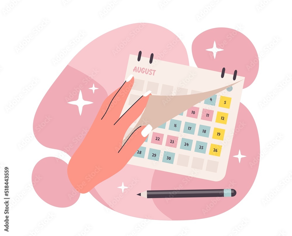Naive calendar sticker. Womans hand turns over sheet, reminders and ...