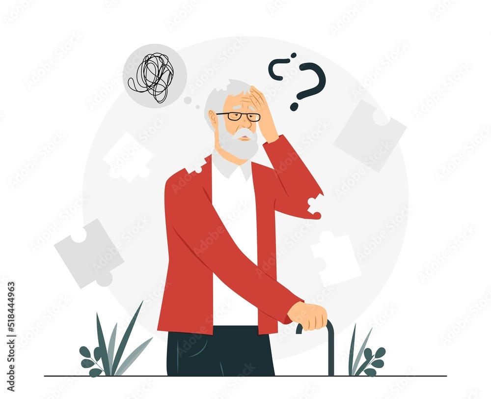 Alzheimer disease concept. Elderly man forgot dear, grandfather with ...