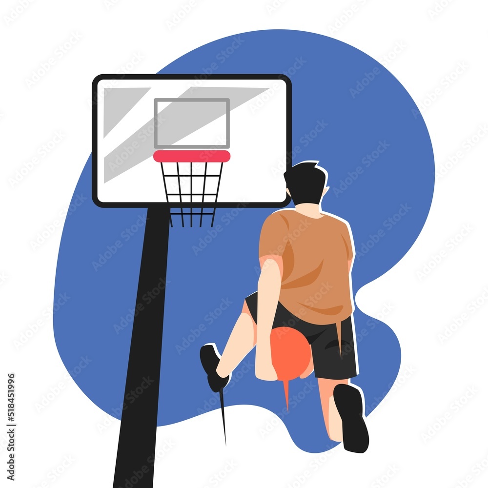 illustration of young boy playing basketball. jump pose. slam dunk ...